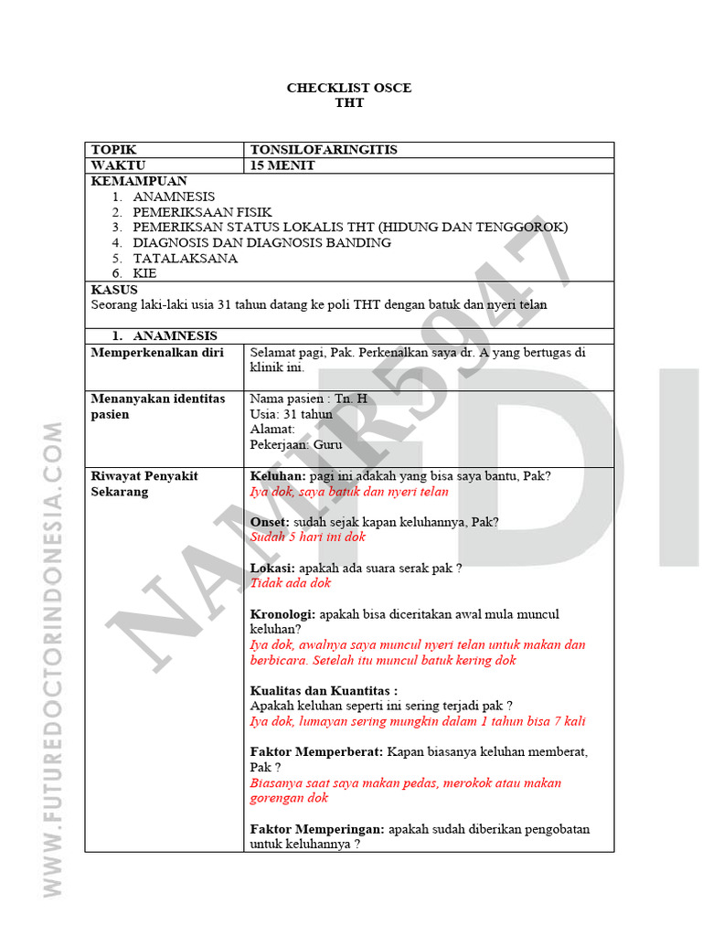 Checklist OSCE THT: Tonsilofaringitis | PDF