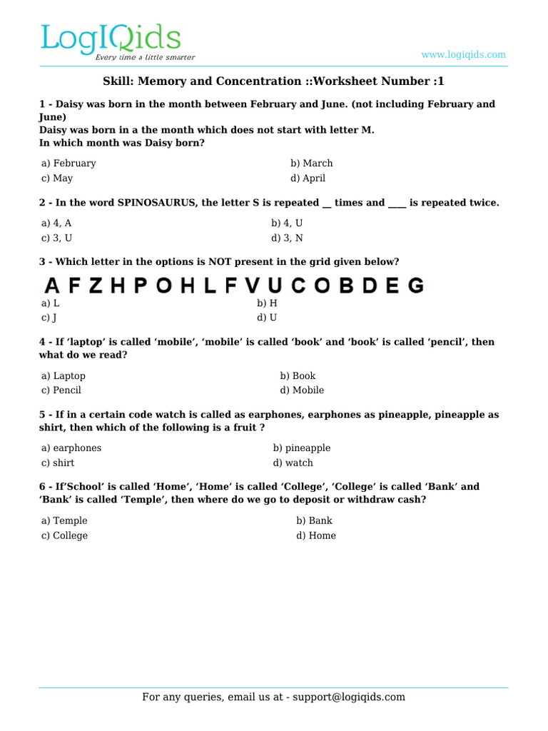 Skill: Memory and Concentration::Worksheet Number:1: A) February B ...