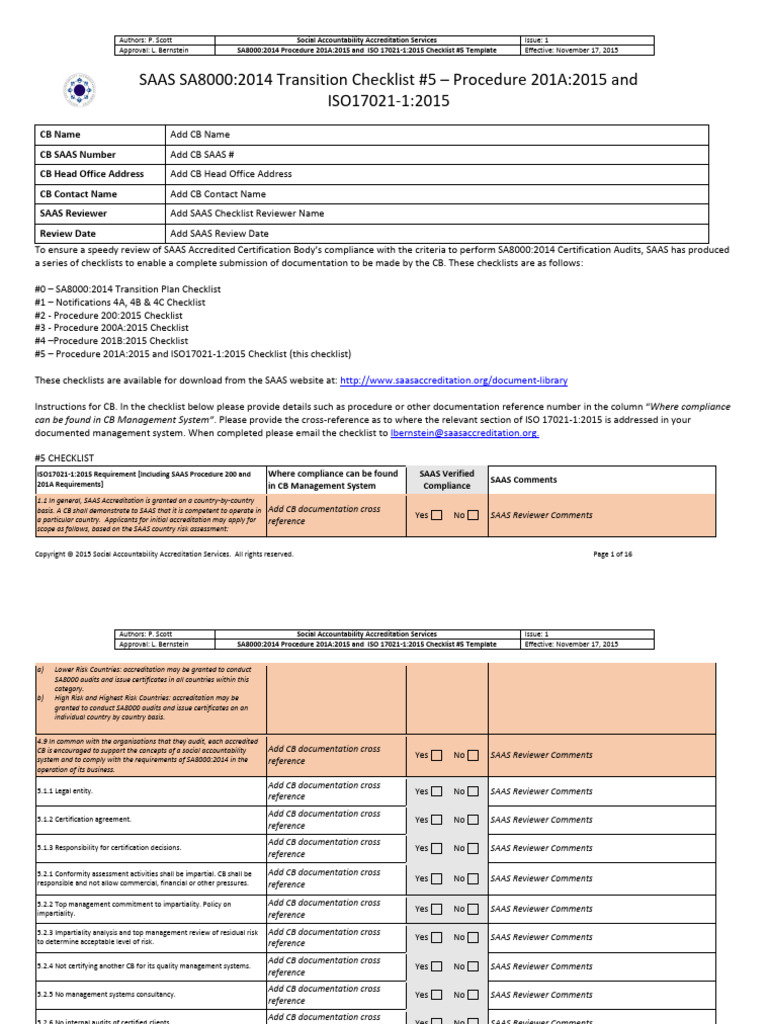 SA8000.2014 Procedure 201A and ISO17021-1.2015 Checklist 5 | PDF ...