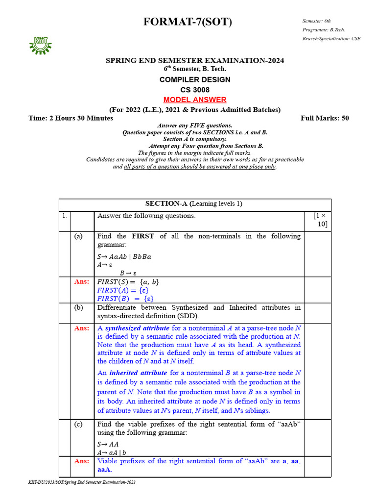 CS-3008 (CD) - CS End April 2024 | PDF | Parsing | Computer Programming