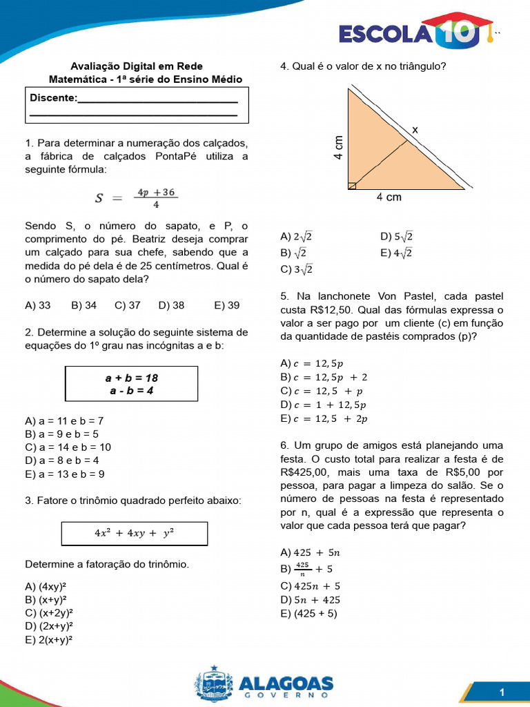 Questões de Matemática para 1ª Série | PDF | Matemática