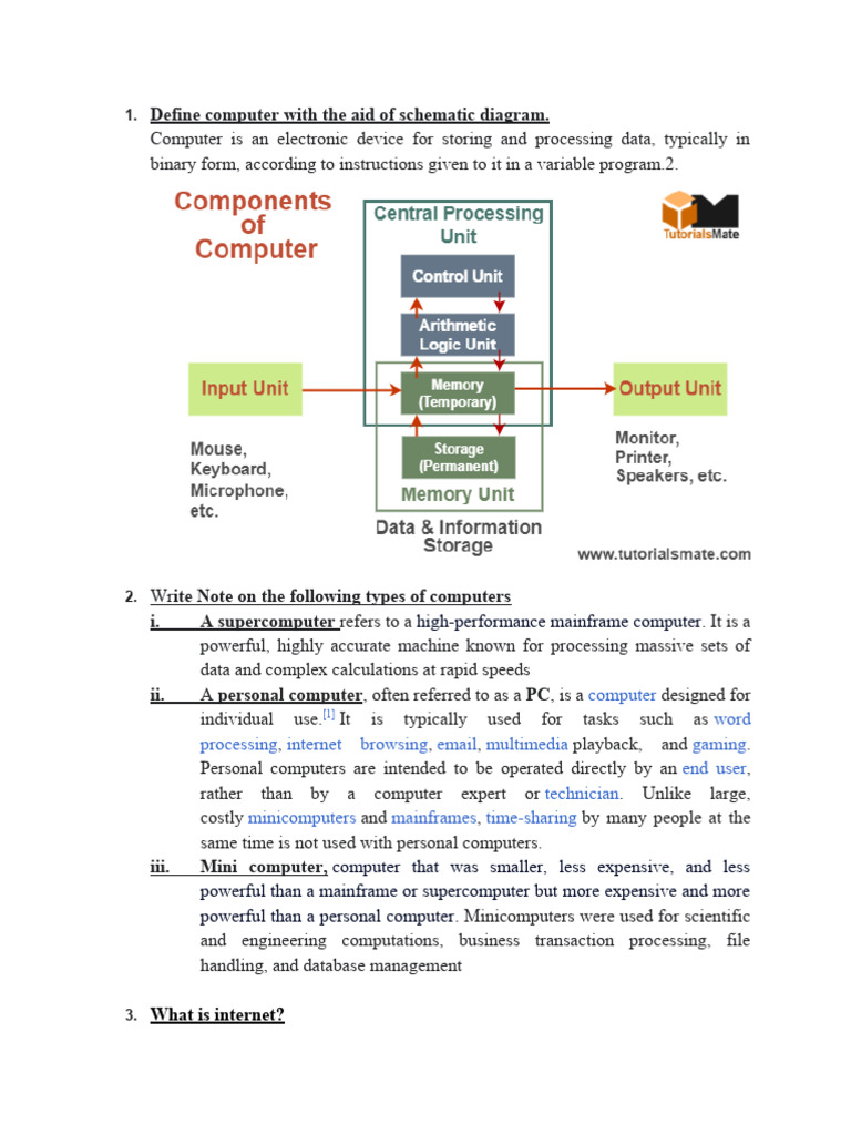Define Computer With The Aid of Schematic Diagram | PDF | Internet | Personal Computers