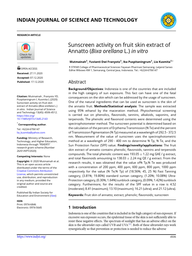 Sunscreen Activity On Fruit Skin Extract of Annatto (Bixa Orellana L ...