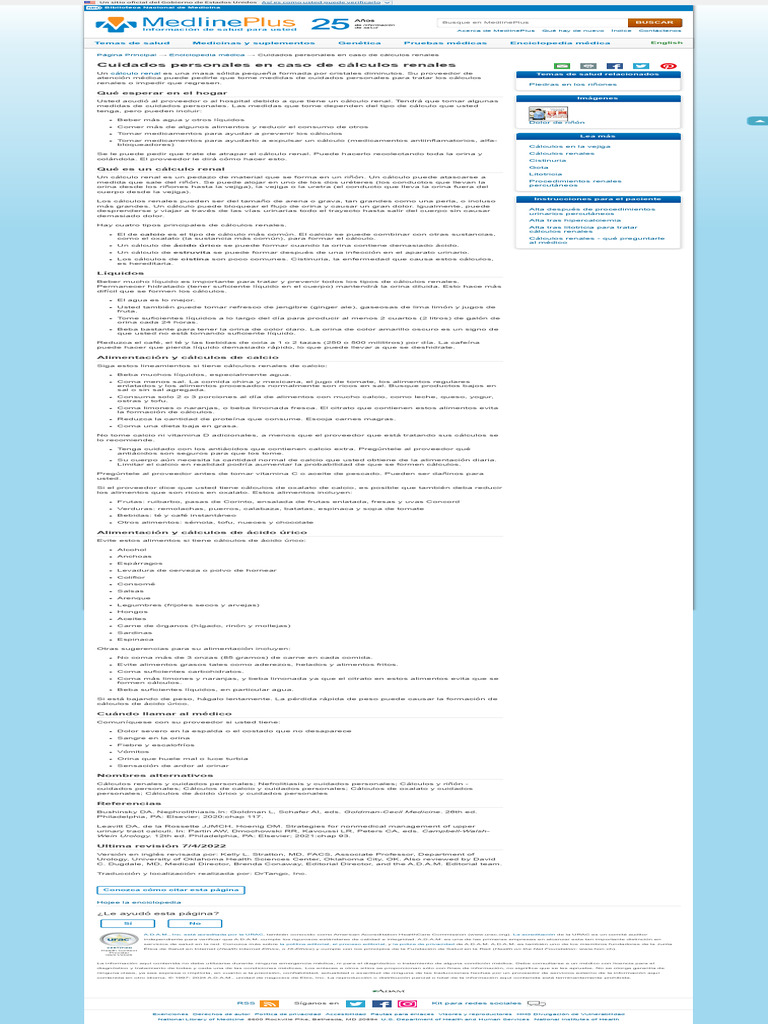 Cuidados Personales en Caso de Cálculos Renales - MedlinePlus Enciclopedia Médica | PDF ...