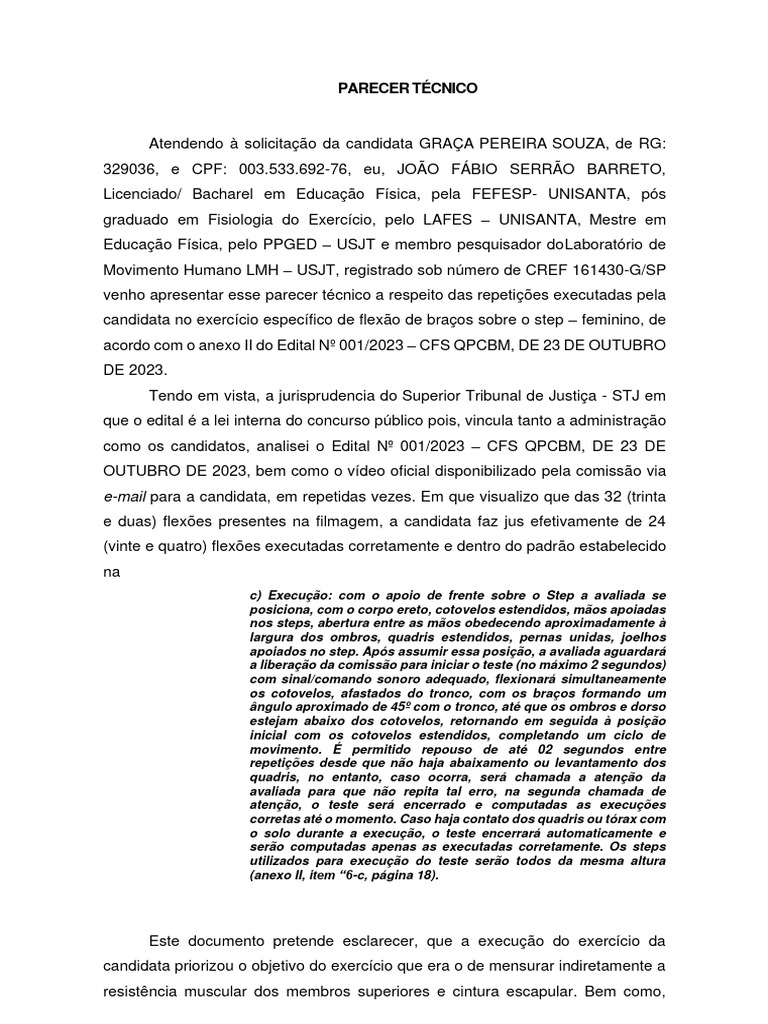 Parecer Técnico sobre Flexões da Candidata | PDF | Ciências e Matemática
