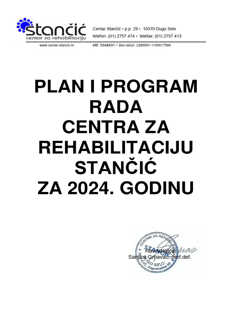 Plan I Program Rada Centra Za Rehabilitaciju Stancic Za 2024. Godinu | PDF