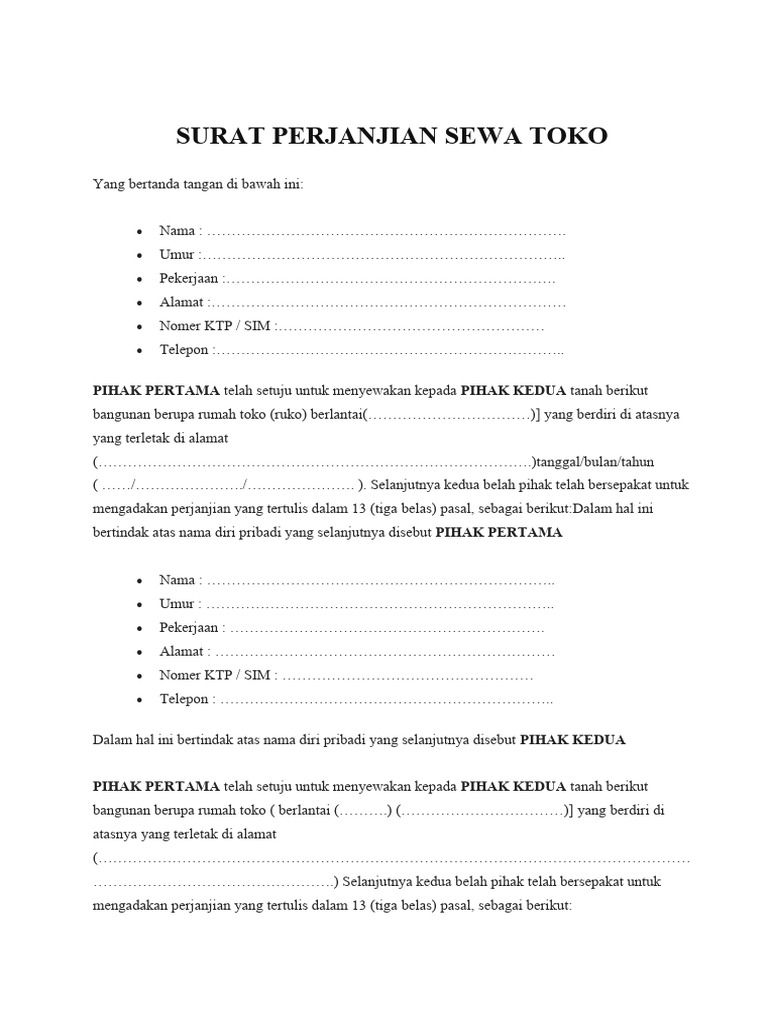 Surat Perjanjian Sewa Toko | PDF