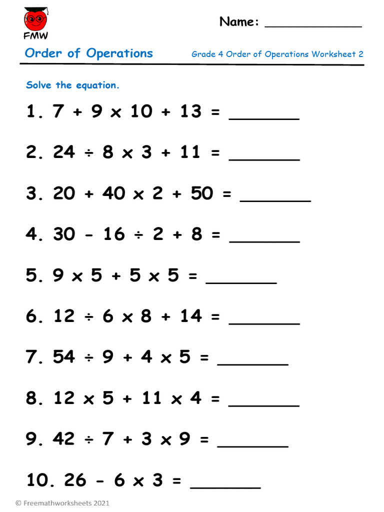 Grade 4 Order of Operations Worksheet | PDF