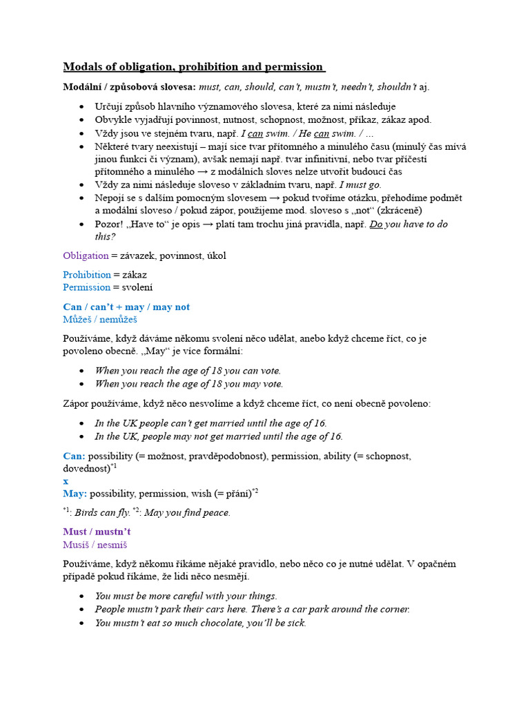 Přehled - Modals of Obligation, Prohibition and Permission | PDF