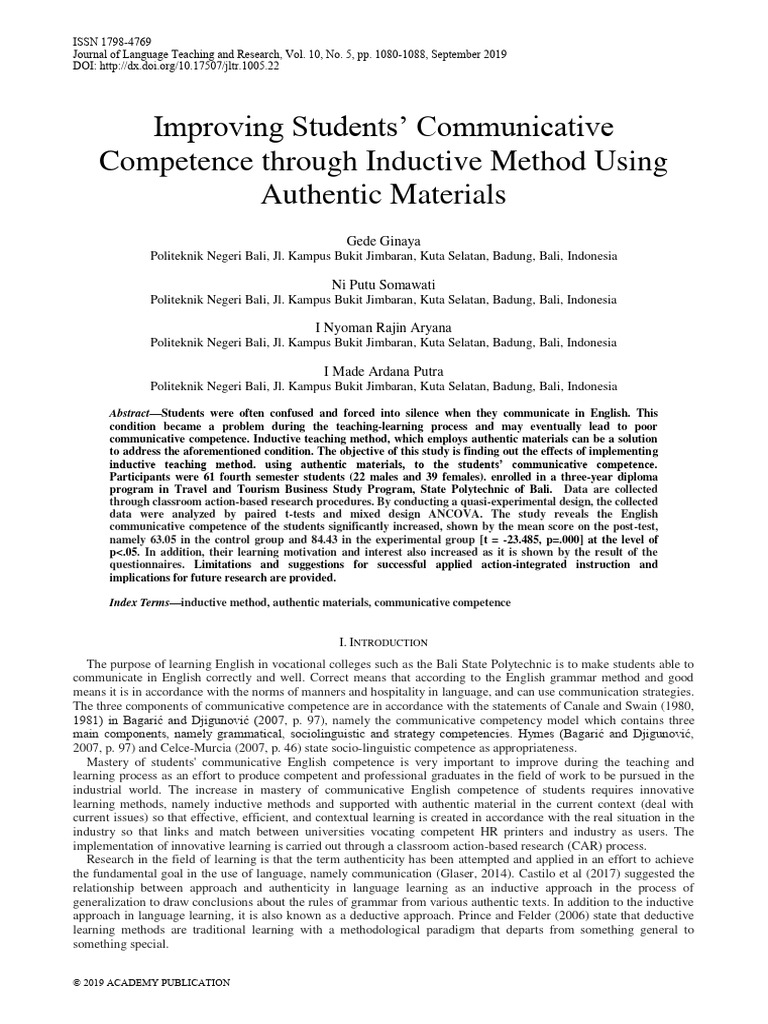 Improving Students' Communicative Competence Through Inductive Method Using Authentic Materials ...