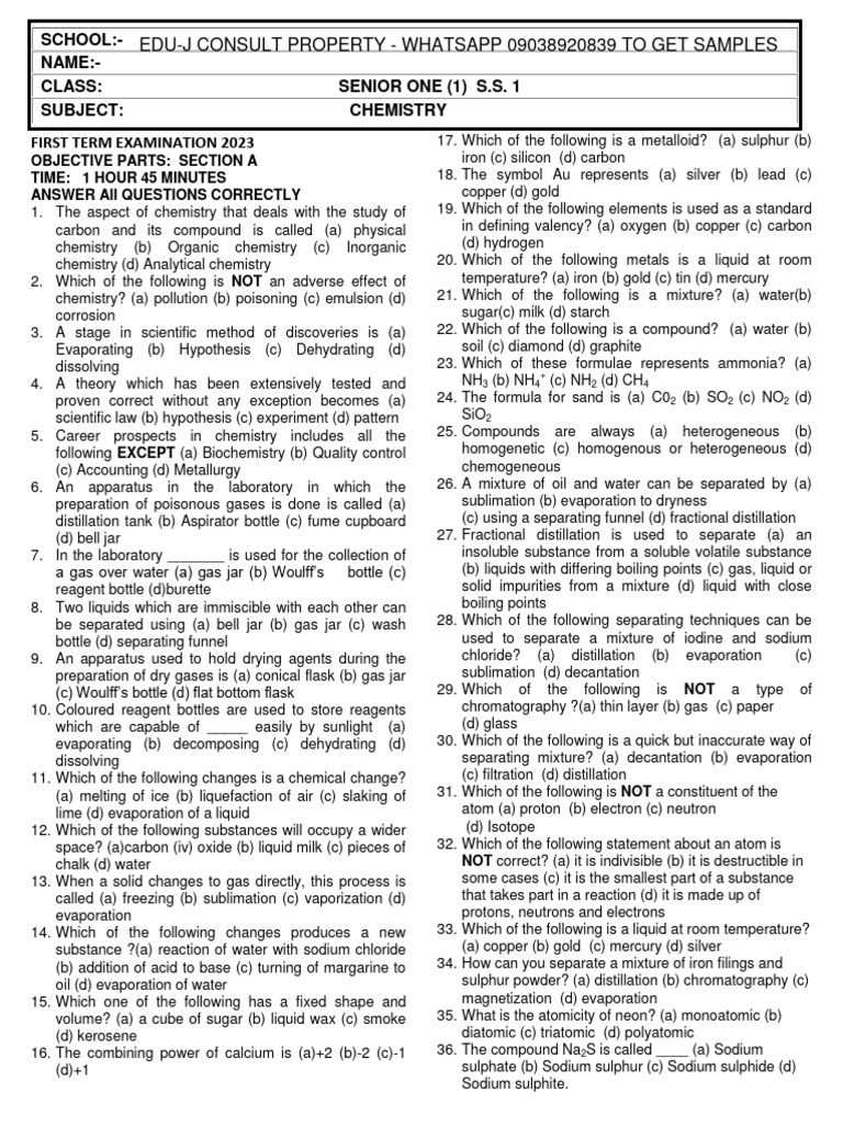Chemistry Ss1 First Term Exam-1 | PDF | Chemistry | Chemical Elements Chemistry Ss1 First Term Exam-1 | PDF | Chemistry | Chemical Elements