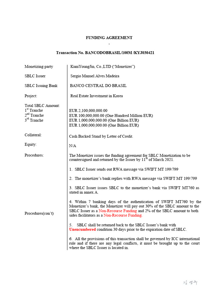 Funding Agreement - Transaction No. BANCODOBRASIL/100M /KYJ030421 | PDF | Letter Of Credit ...