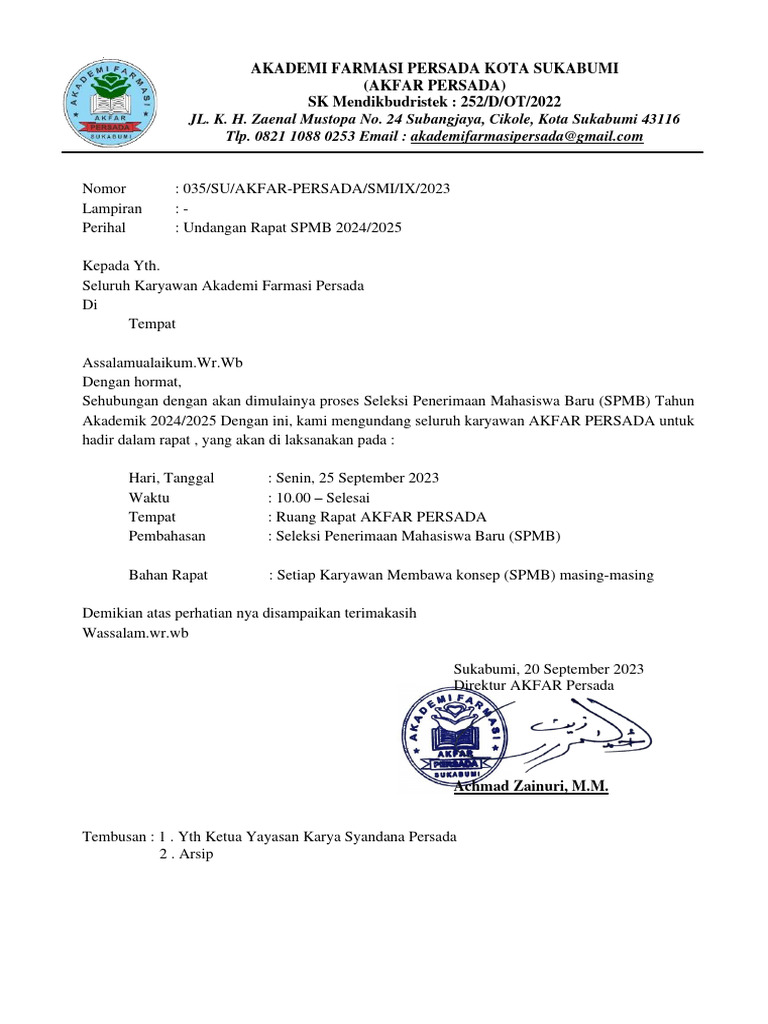 Surat Undangan Rapat AKFAR Persada | PDF