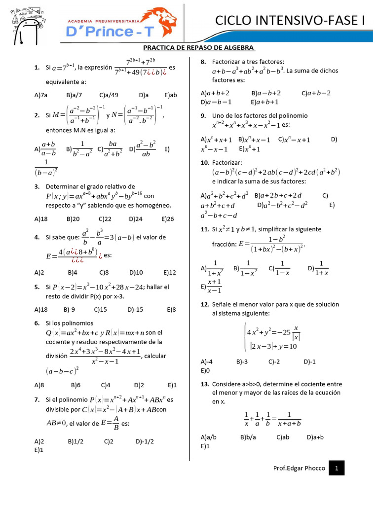 PRACTICA DE REPASO DE ALGEBRA Fase 1 Intensivo | PDF | Factorización | Matemáticas