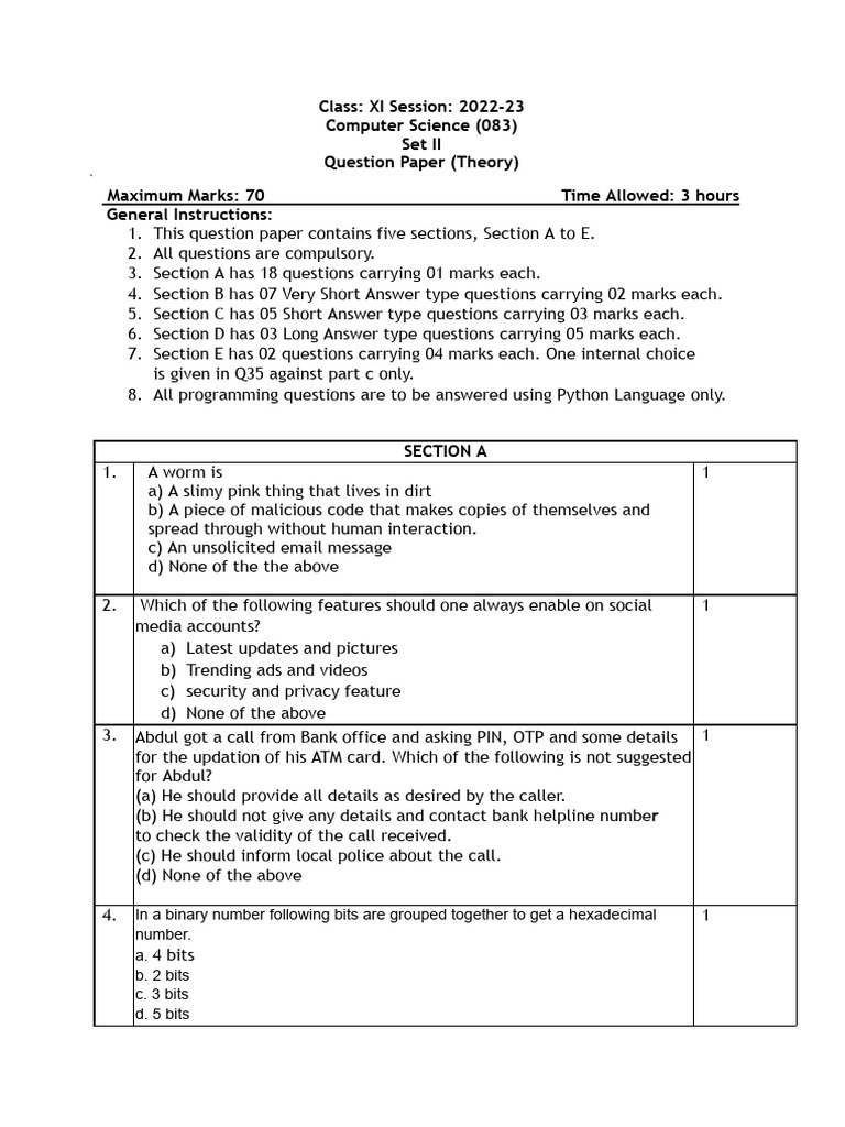 CS - QP - XI - Set 2 | PDF | Algorithms | Assembly Language