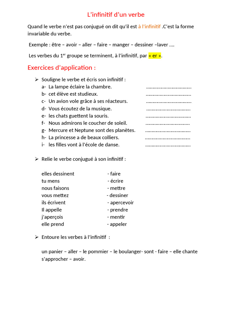 Exercices sur l'infinitif des verbes | PDF | Arts du langage et ...