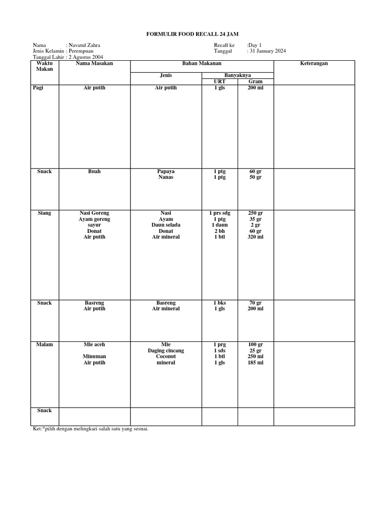 Formulir Food Recall 24 Jam | PDF