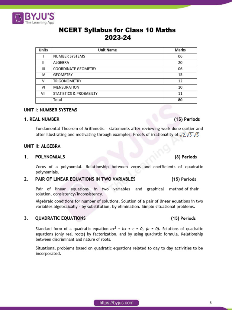 NCERT Syllabus For Class 10 April 26 Maths 2023 24 | PDF | Triangle ...