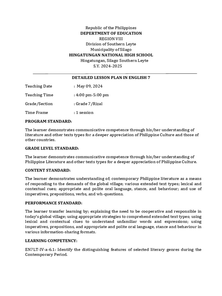 LESSON PLAN For Demo Teaching | PDF | Poetry | Narrative