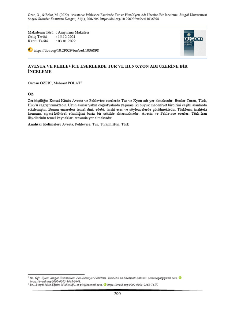 Avesta Ve Pehlevi Ce Eserlerde Tur Ve Hu | PDF