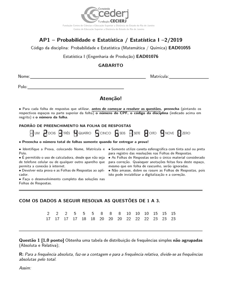 AP1 Prob Est - Est I Gabarito | PDF