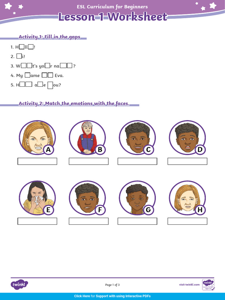 ESL Curriculum Lesson 1, Level 1 Interactive Worksheet Answers | PDF ...