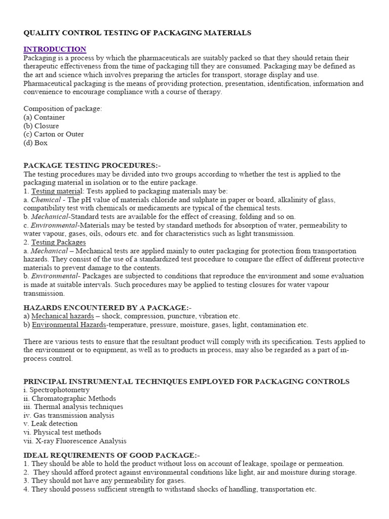 Quality Control Testing of Packaging Materials | PDF | Glasses ...