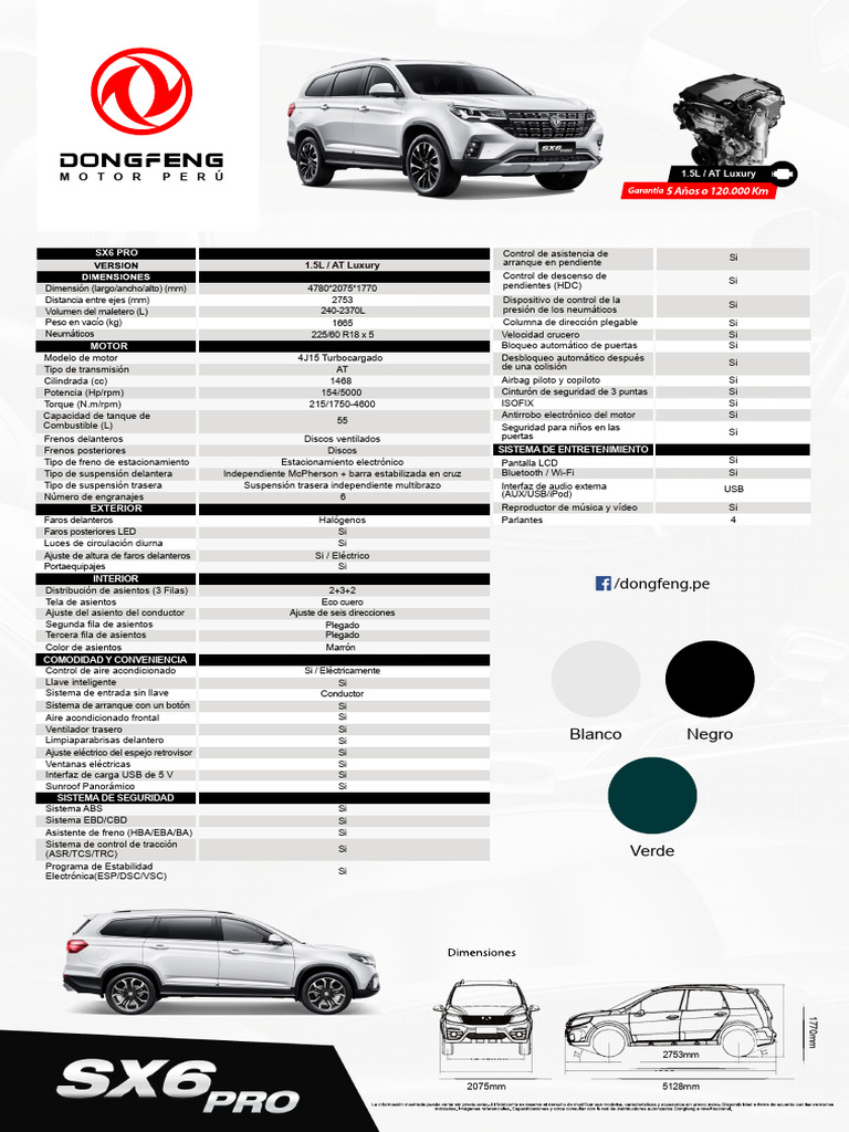 Especificaciones del Dongfeng SX6 PRO | PDF | Tecnología de vehículos | Carros deportivos