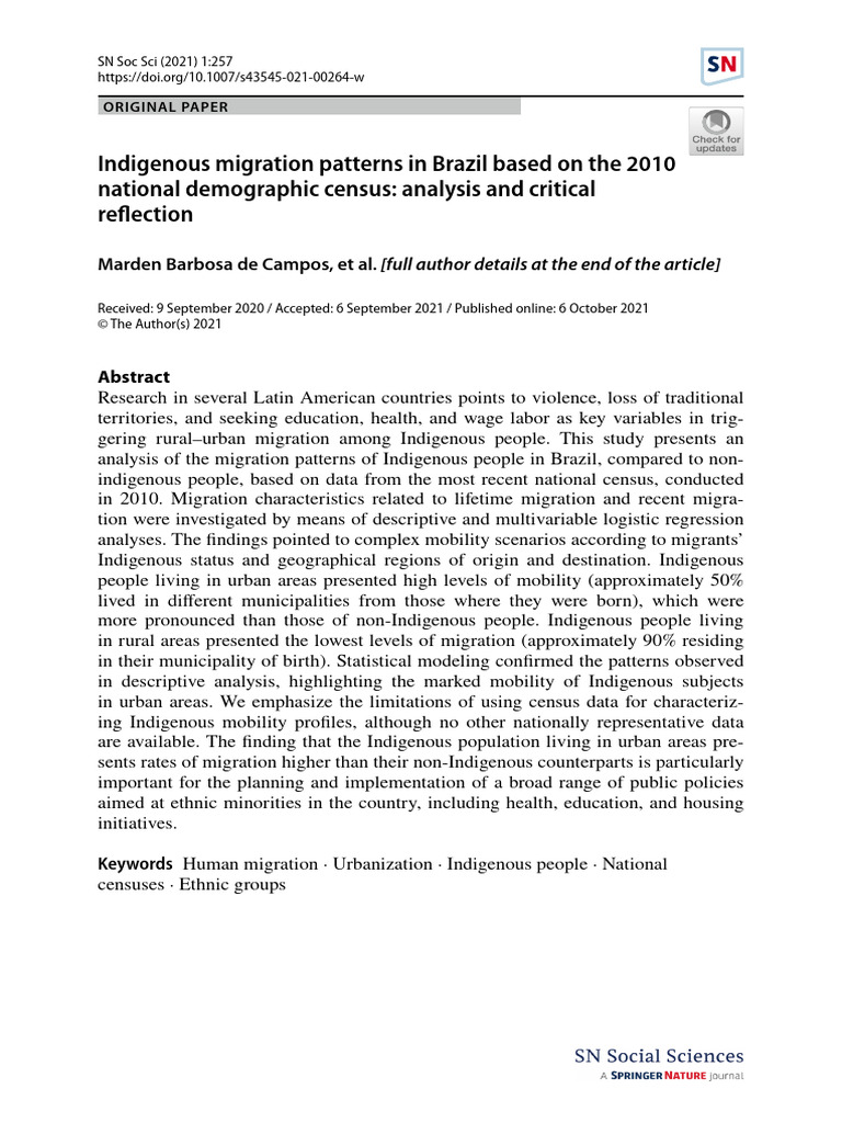 Indigenous Migration Patterns in Brazil Based On The 2010 National ...
