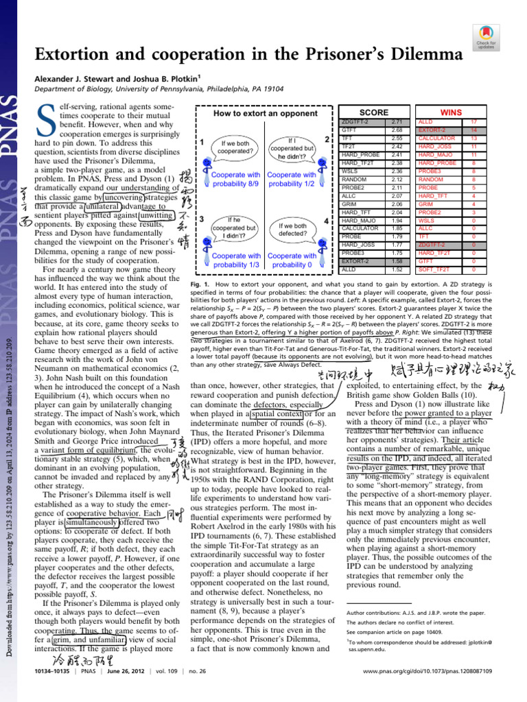 Extortion and Cooperation in The Prisoner's Dilemma | PDF | Game Theory | Economics Of Uncertainty