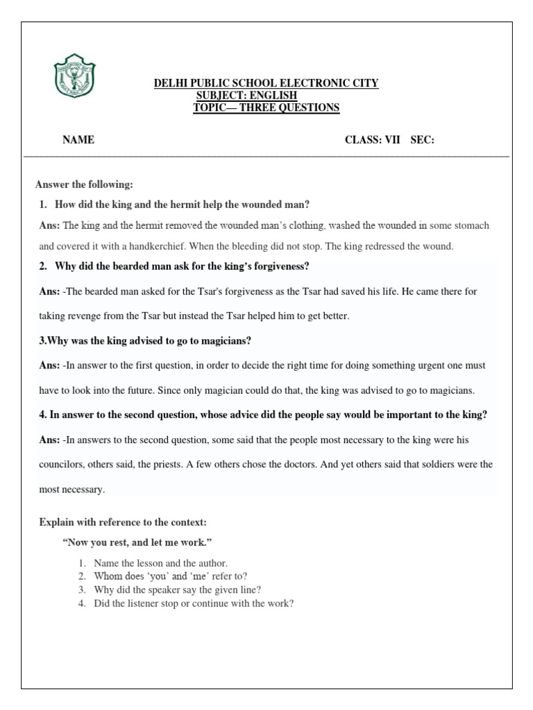 English Class VII: Three Questions Analysis | PDF | History