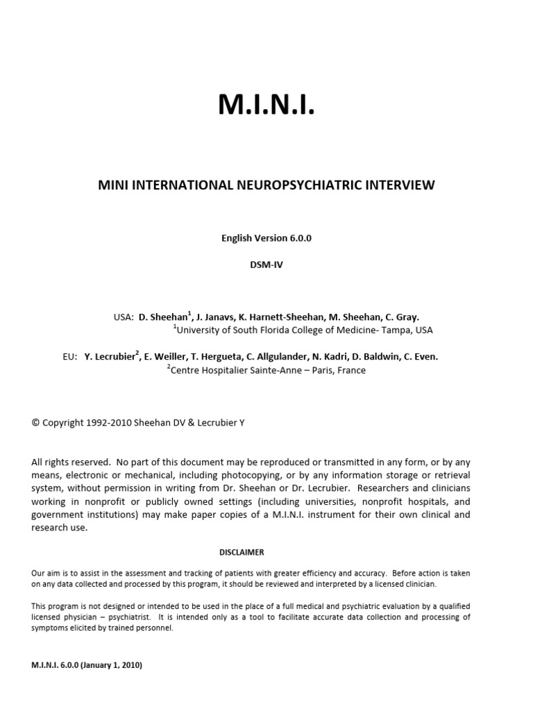 Mini International Neuropsychiatric Interview | PDF | Psychiatry ...