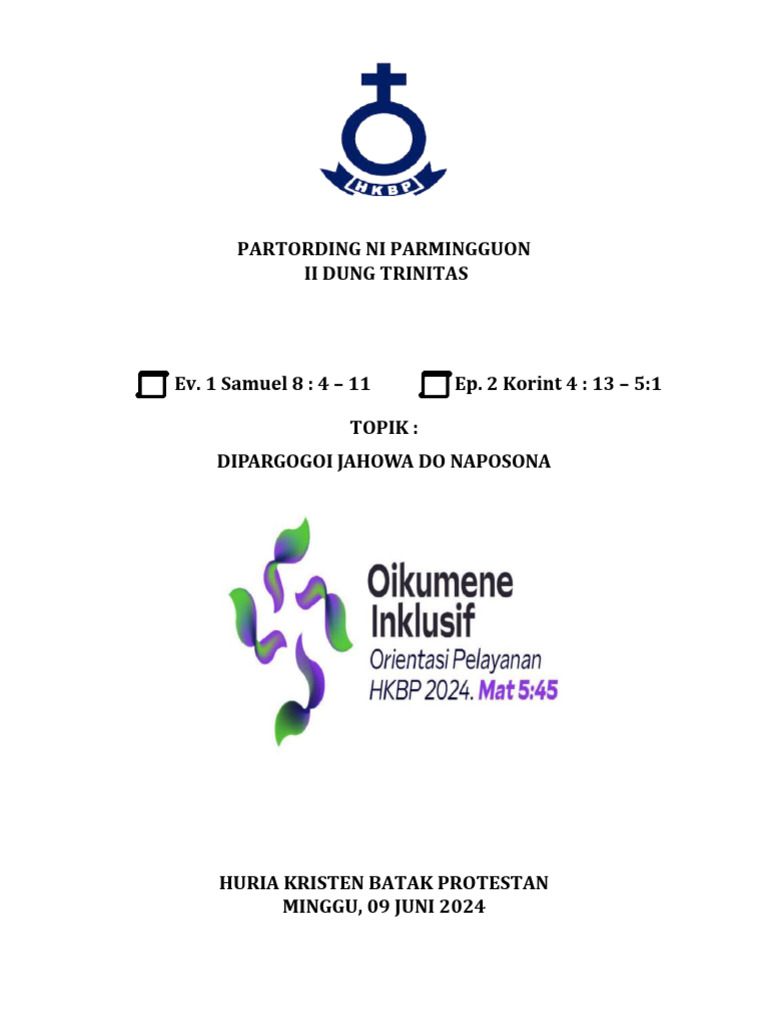 Minggu II Dung Trinitatis, 09 JUNI 2024 Batak | PDF | Seni & Disiplin ...