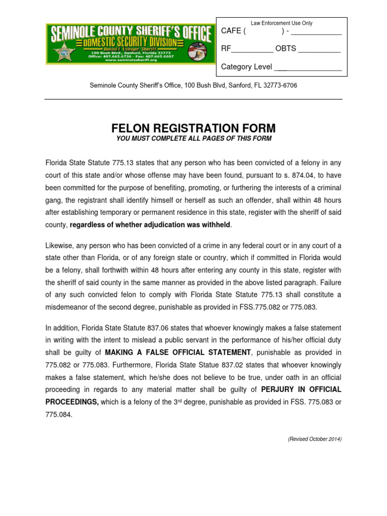 Felon Registration Form | PDF | Felony | Crimes