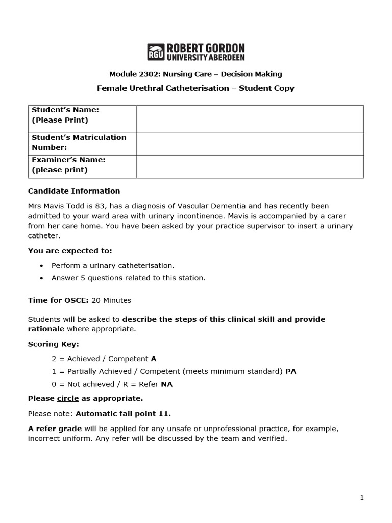 NU2302 OSCE Marking Sheet - Female Urethral Catheterisation | PDF ...