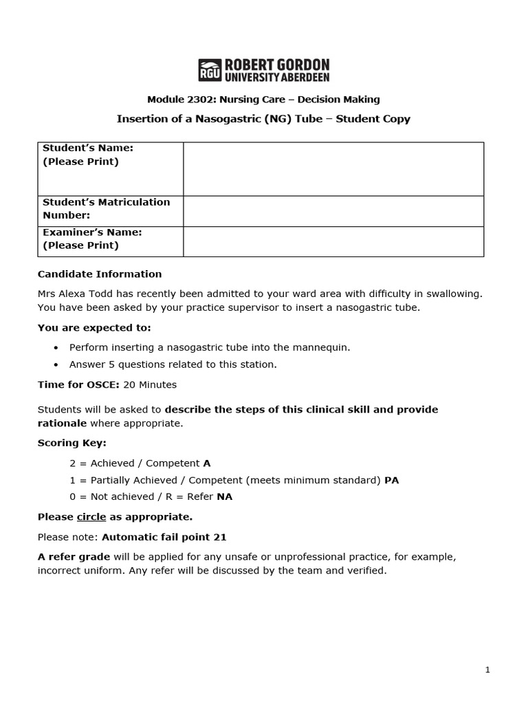 NG Tube Insertion OSCE Assessment Guide | PDF | Medicine