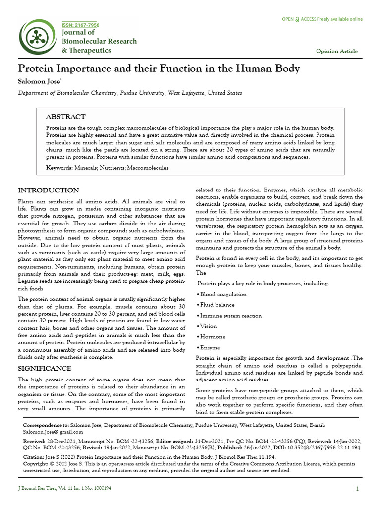 Protein Importance and Their Function in The Human Body | PDF ...