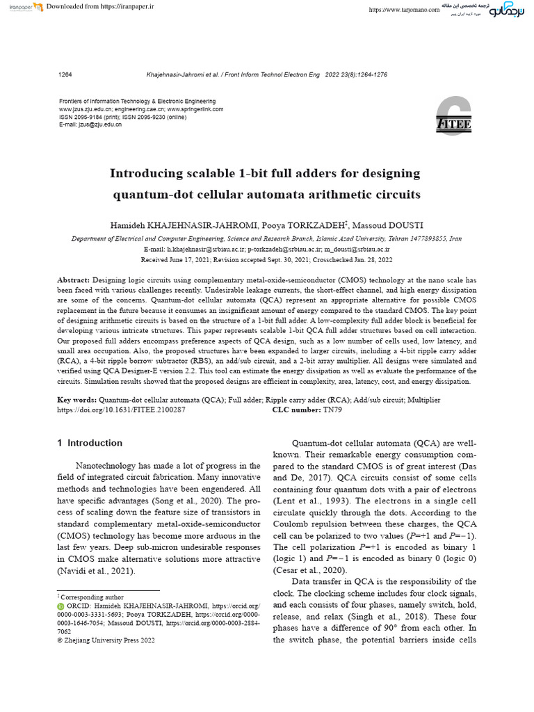 Introducing Scalable 1-Bit Full Adders For Designing Quantum-Dot Cellular Automata Arithmetic ...
