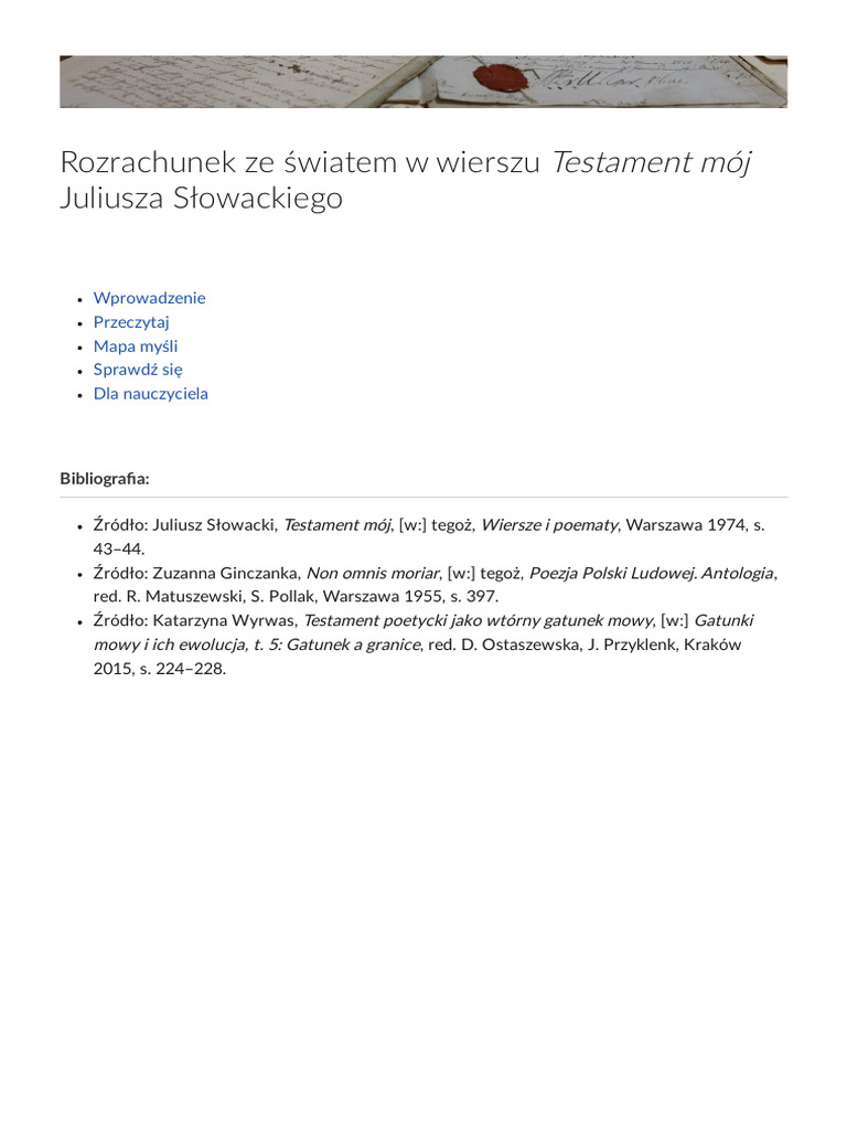 Rozrachunek Ze Swiatem W Wierszu Testament Moj Juliusza Slowackiego | PDF