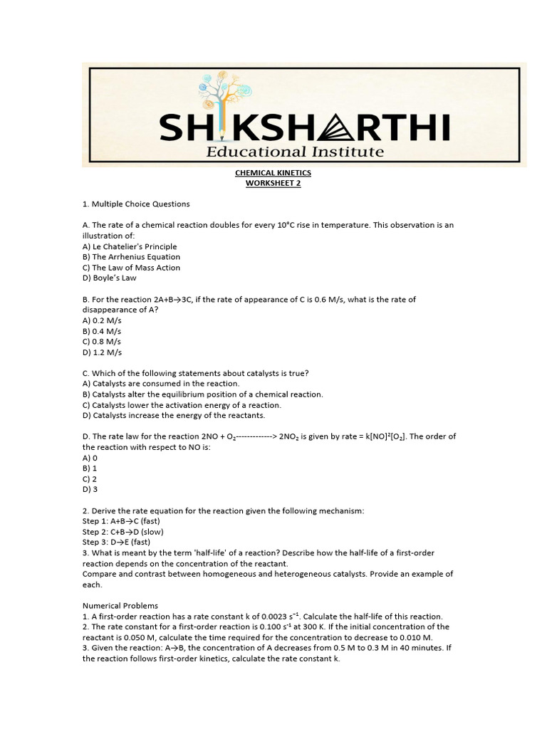Chemistry Kinetics Practice Sheet | PDF | Reaction Rate | Reaction Rate ...