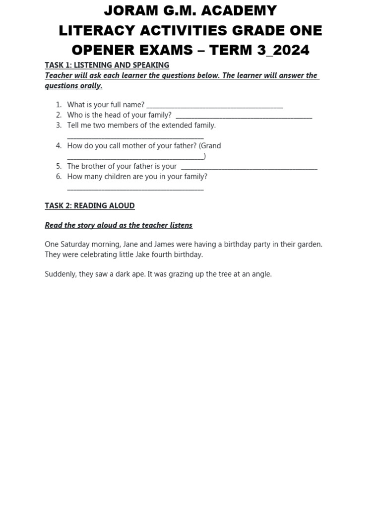 Literacy Activities Grade One Opener - Term 3 | PDF