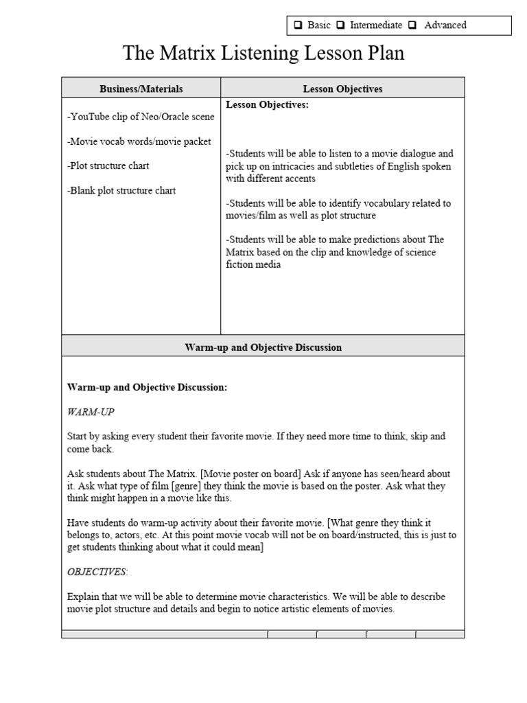 The Matrix Listening Lesson Plan Draft 3 | Download Free PDF | Vocabulary | Brainstorming