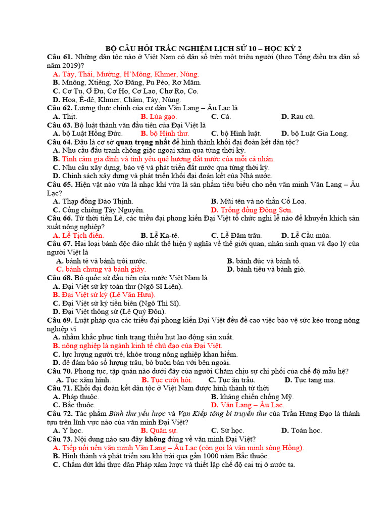 BỘ CÂU HỎI TRẮC NGHIỆM LỊCH SỬ 10-HK2 | PDF