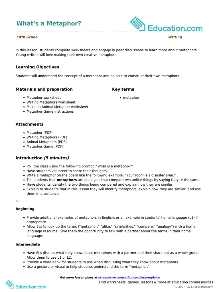 Fifth Grade Metaphor Lesson Plan | PDF | Metaphor | Lesson Plan