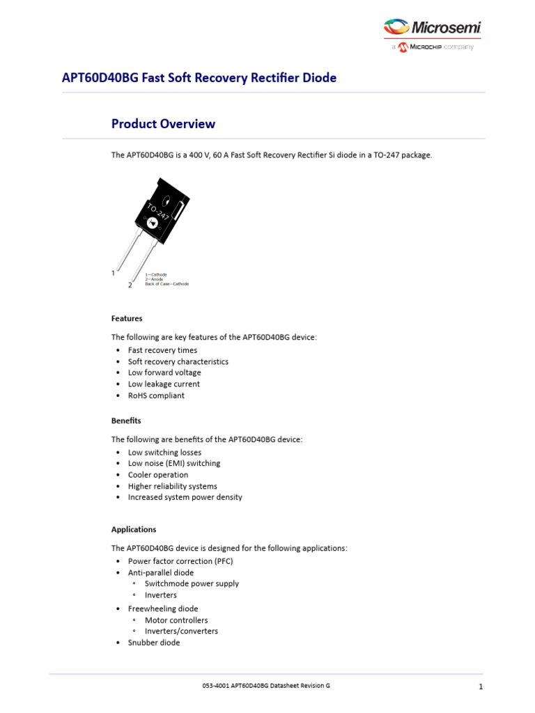 Microsemi APT60D40BG Fast Soft Recovery Rectifier Diode G | PDF | Diode ...