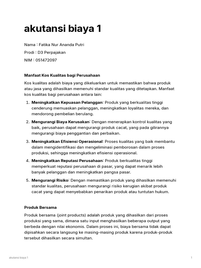 Akutansi Biaya 1 | PDF | Bisnis | Pengelolaan Keuangan & Uang