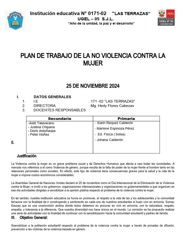 Plan de Trabajo de La No Violencia Contra La Mujer 2024 | PDF | La ...