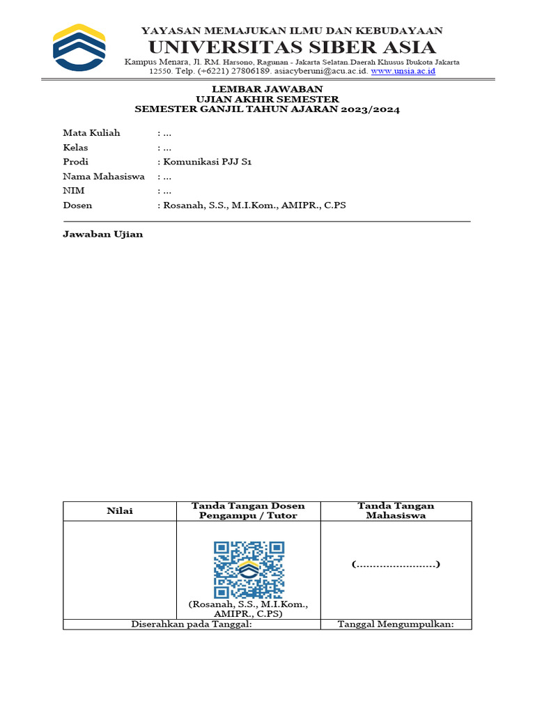 Lembar Jawaban Ujian Akhir Semester (UAS) UNSIA 20230208 | PDF