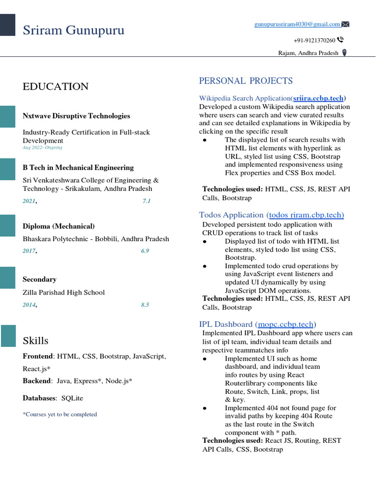 Sriram Gunupuru Resume | PDF | Bootstrap (Front End Framework) | World Wide Web