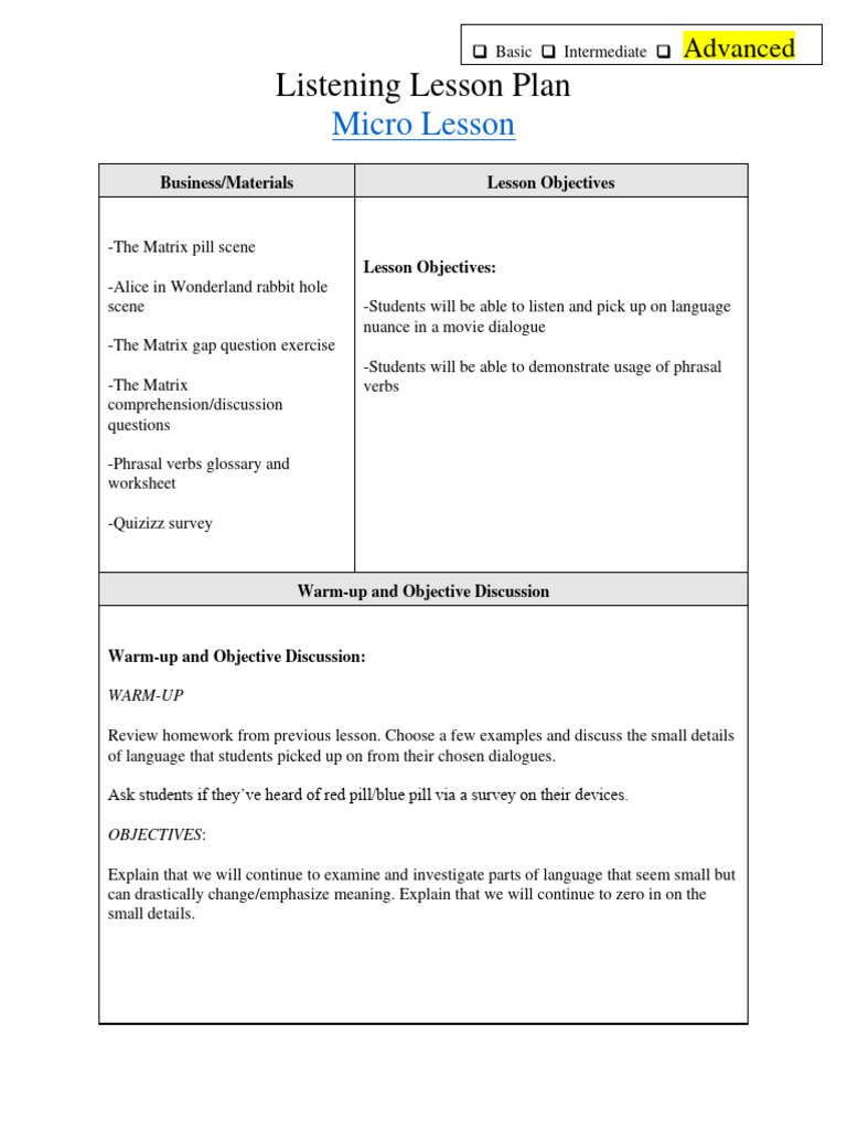 Listening Lesson Plan: Movie Dialogue Skills | PDF | Phrase | Lesson Plan